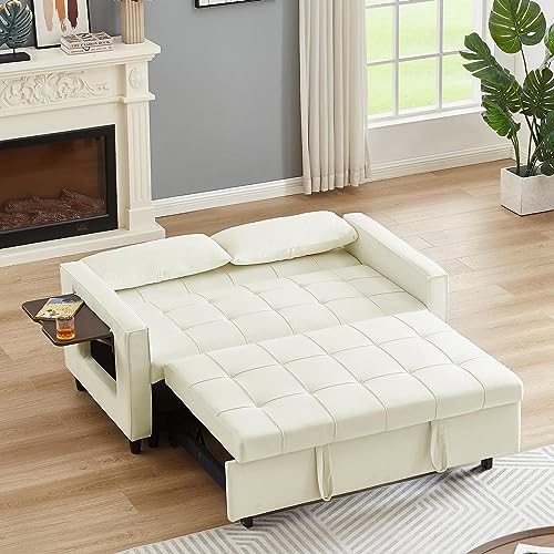 3 in 1 Convertible Sofa Bed Pull Out Couch Sleeper Modern Velvet Loveseat Couch Futon Sofá Bed w/Reclining Backrest,Side Coffee Table,2 Pillows,Lounge Sofa for Living Room Apartment Home Office,White