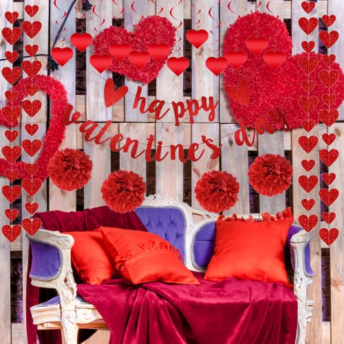 22Pcs Valentine's Day Decorations Set Pre-Assembled Hanging Heart Swirls Happy Valentine's Day Love Heart Garlands Banner for Home Classroom Office Wedding Party Anniversary (Red)