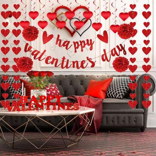 22Pcs Valentine's Day Decorations Set Pre-Assembled Hanging Heart Swirls Happy Valentine's Day Love Heart Garlands Banner for Home Classroom Office Wedding Party Anniversary (Red)