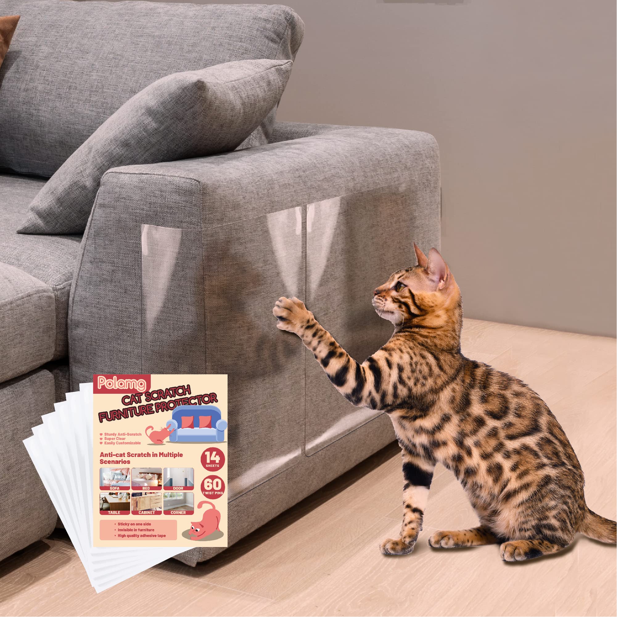 Polamg Anti Cat Scratch Furniture Protector-14 Pack Single Side Couch Protector for Cats, Self-Adhesive Cat Tape for Furniture, Cat Scratch Deterrent for Furniture Door Walls