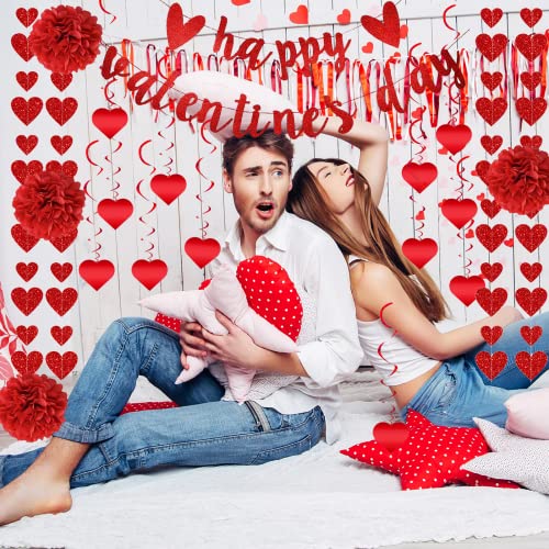 22Pcs Valentine's Day Decorations Set Pre-Assembled Hanging Heart Swirls Happy Valentine's Day Love Heart Garlands Banner for Home Classroom Office Wedding Party Anniversary (Red)