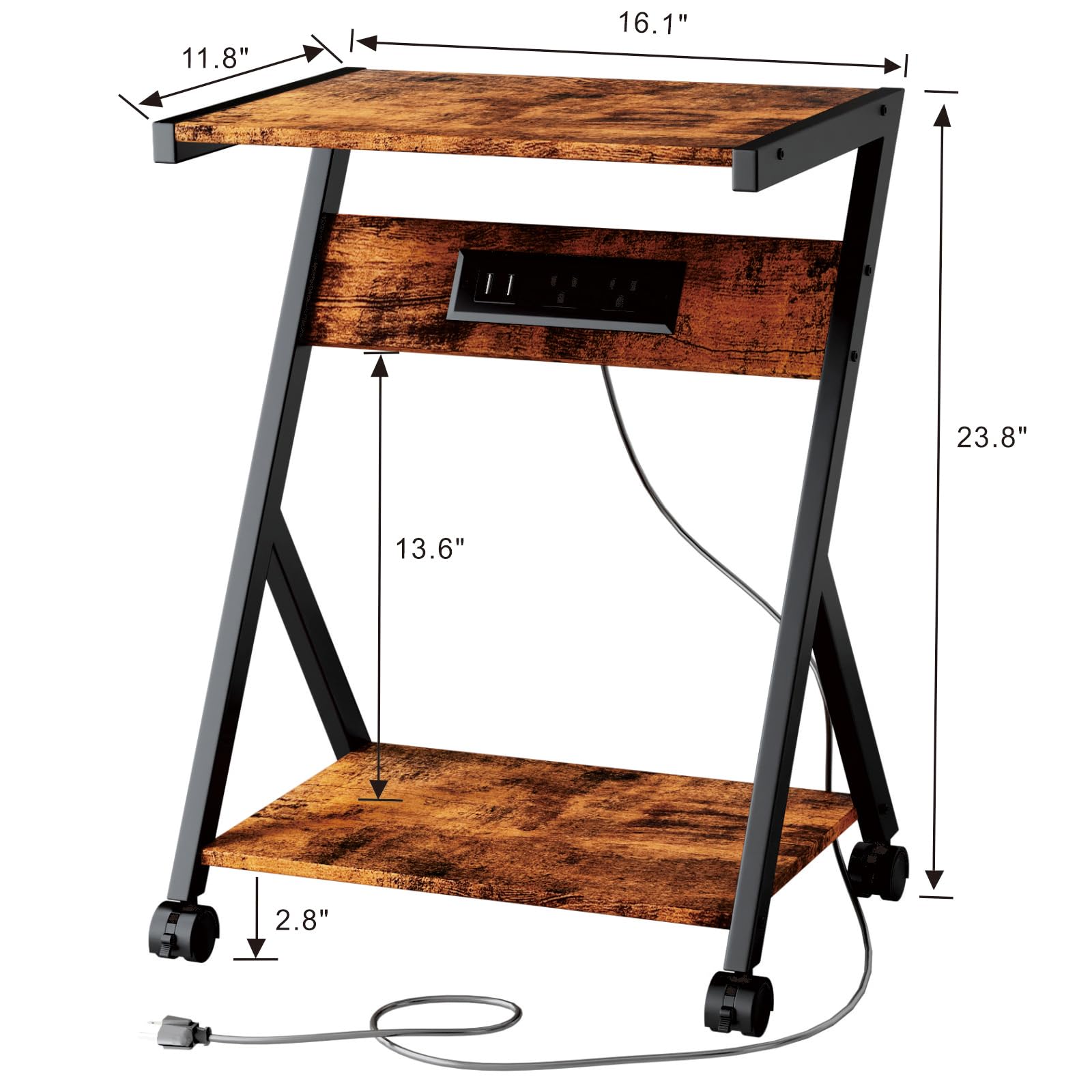 MMEOLUOOK C Shaped End Table with Charging Station Side Table, Printer Stand, nightstand Couch Table Metal Frame with Rolling Casters, Coffee Table for Living Bedroom Snack Laptop MLBZ77RE