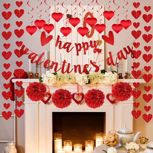 22Pcs Valentine's Day Decorations Set Pre-Assembled Hanging Heart Swirls Happy Valentine's Day Love Heart Garlands Banner for Home Classroom Office Wedding Party Anniversary (Red)