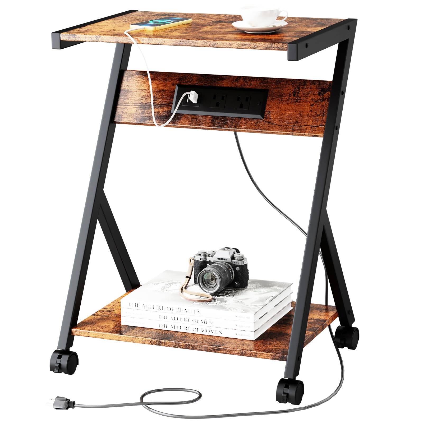 MMEOLUOOK C Shaped End Table with Charging Station Side Table, Printer Stand, nightstand Couch Table Metal Frame with Rolling Casters, Coffee Table for Living Bedroom Snack Laptop MLBZ77RE