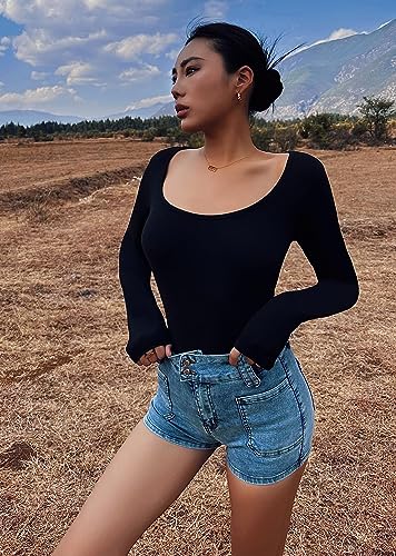 Chongbaijia 3 Piece Women's Square Neck Long Sleeve Bodysuit T shirts Body Suit Tops