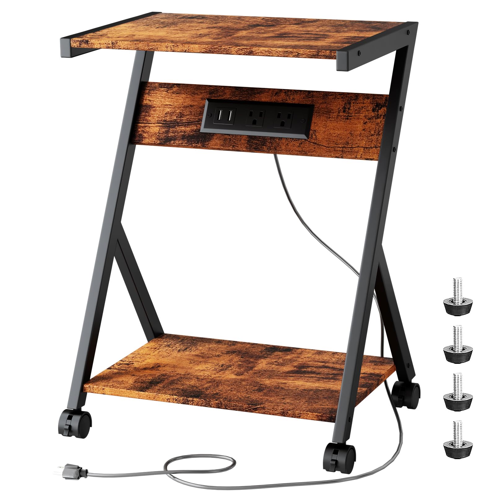 MMEOLUOOK C Shaped End Table with Charging Station Side Table, Printer Stand, nightstand Couch Table Metal Frame with Rolling Casters, Coffee Table for Living Bedroom Snack Laptop MLBZ77RE
