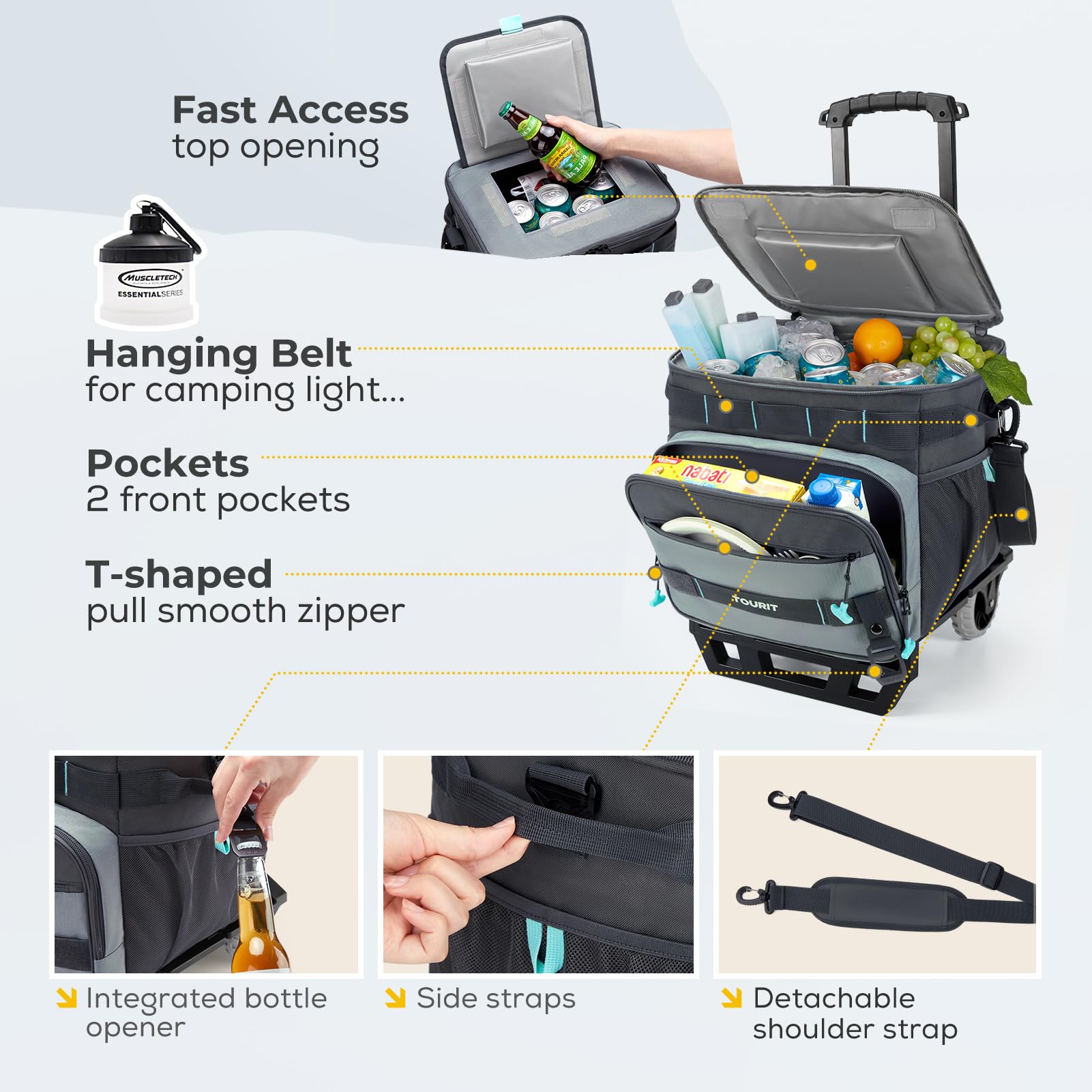 TOURIT Collapsible 48-Can Leak-Proof Insulated Rolling Cooler with All-Terrain Cart, Upgraded Fixtures and New Wheels Suitable for Beach, Picnic, Shopping