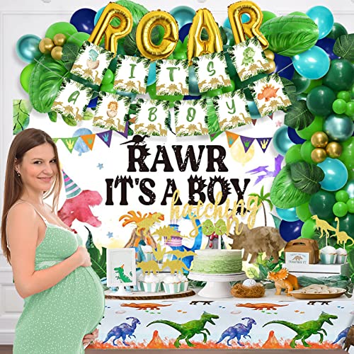 Dinosaur Baby Shower Decorations for Boy, Party Inspo Balloons Garland Arch, Table Decorations, Theme Shower, Backdrop, IT’S A BOY Banner, Hatching Soon Cake Toppers, Green