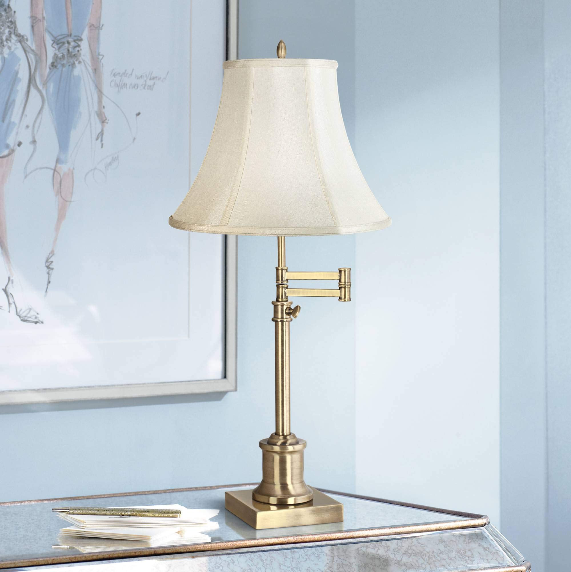 Creme Medium Bell Lamp Shade 7" Top x 14" Bottom x 11" Slant x 10.5" High (Spider) Replacement with Harp and Finial - Springcrest