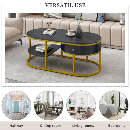 Wekity Modern Marble Golden Coffee Table, Metal Frame with Drawers & Shelves Storage for Living Room (Black)