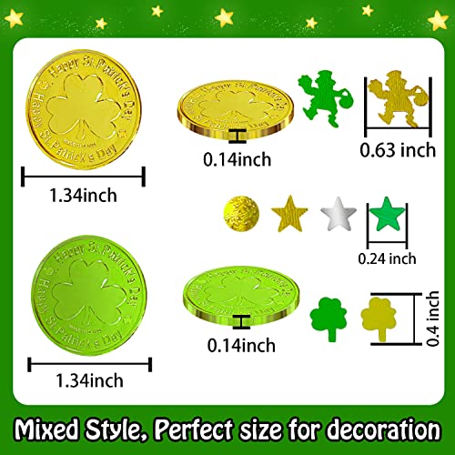 Cerlaza St. Patrick's Day Decorations Shamrocks Table Foil Confetti, 3 Pack Mix Styled Small Clover, Glitter Gold Dots, Hat Demon St Patricks Day Accessories with 30 pcs Shamrock Plastic Green and Gold Clover Lucky Coins