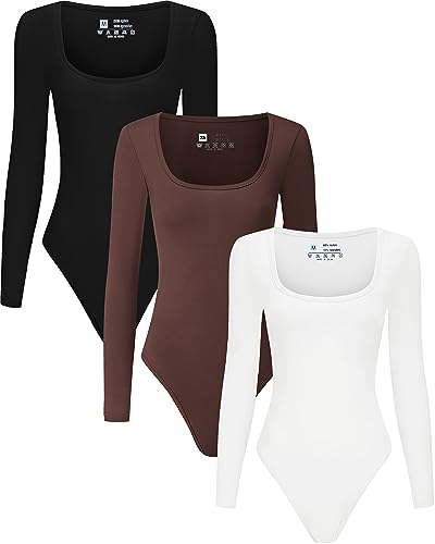 Chongbaijia 3 Piece Women's Square Neck Long Sleeve Bodysuit T shirts Body Suit Tops