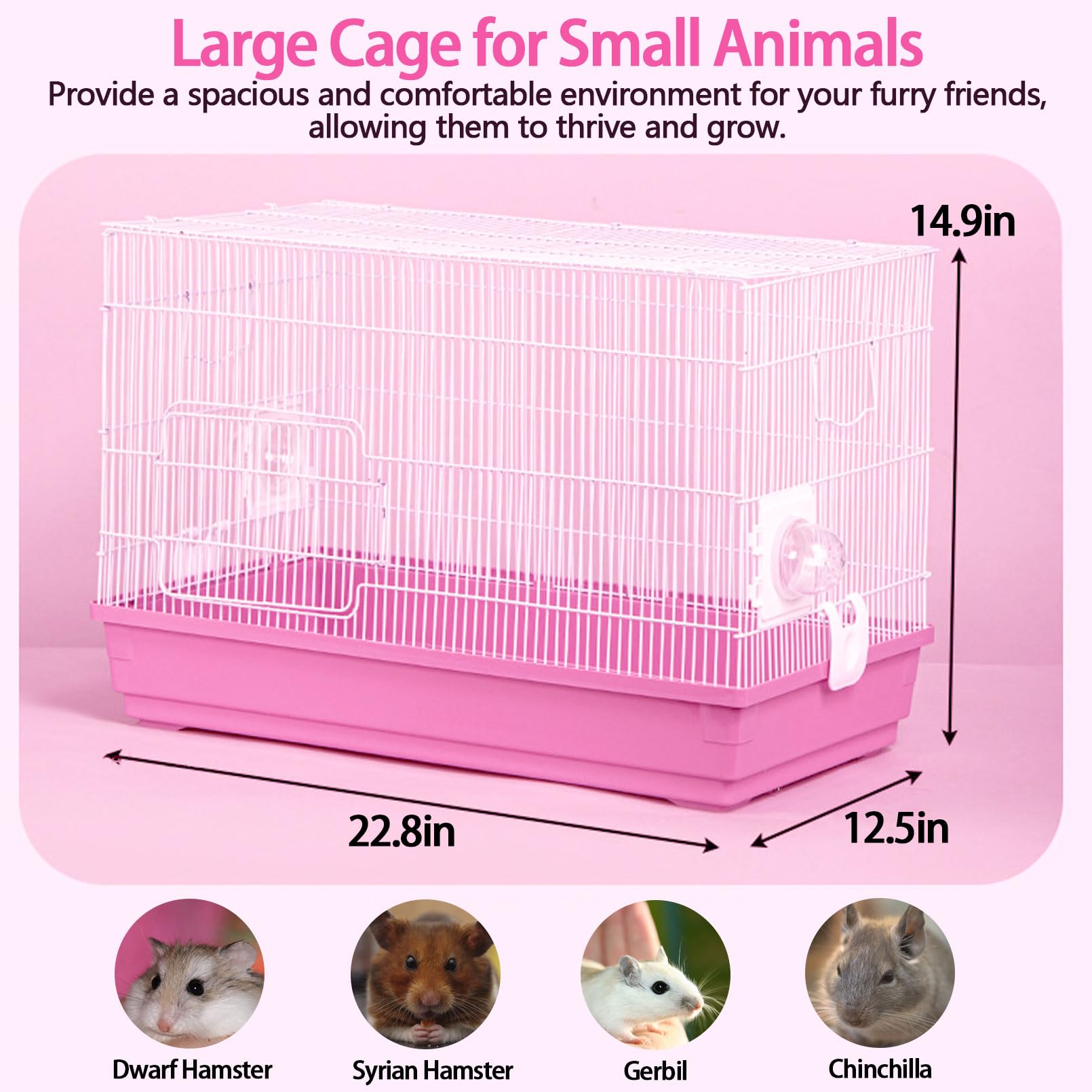 kathson Hamster Cages and Habitats Large Gerbil Cage with Accessories Hut Exercise Wheel Water Bottle Bowl Bathtub Small Animal Basic Cage for Syrian Hamster，3- Levels，22" L x 12.5" W x 14" H，Pink