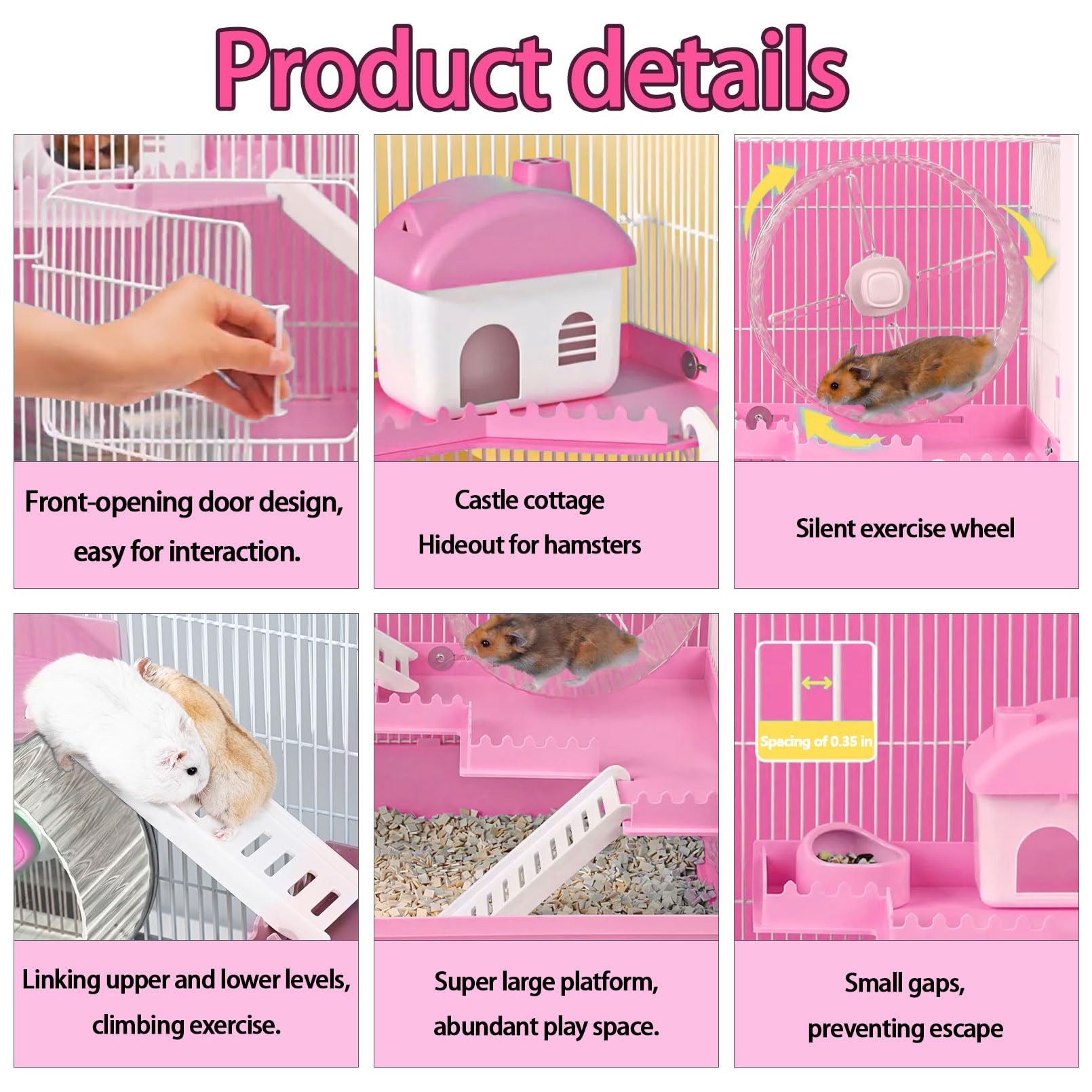 kathson Hamster Cages and Habitats Large Gerbil Cage with Accessories Hut Exercise Wheel Water Bottle Bowl Bathtub Small Animal Basic Cage for Syrian Hamster，3- Levels，22" L x 12.5" W x 14" H，Pink