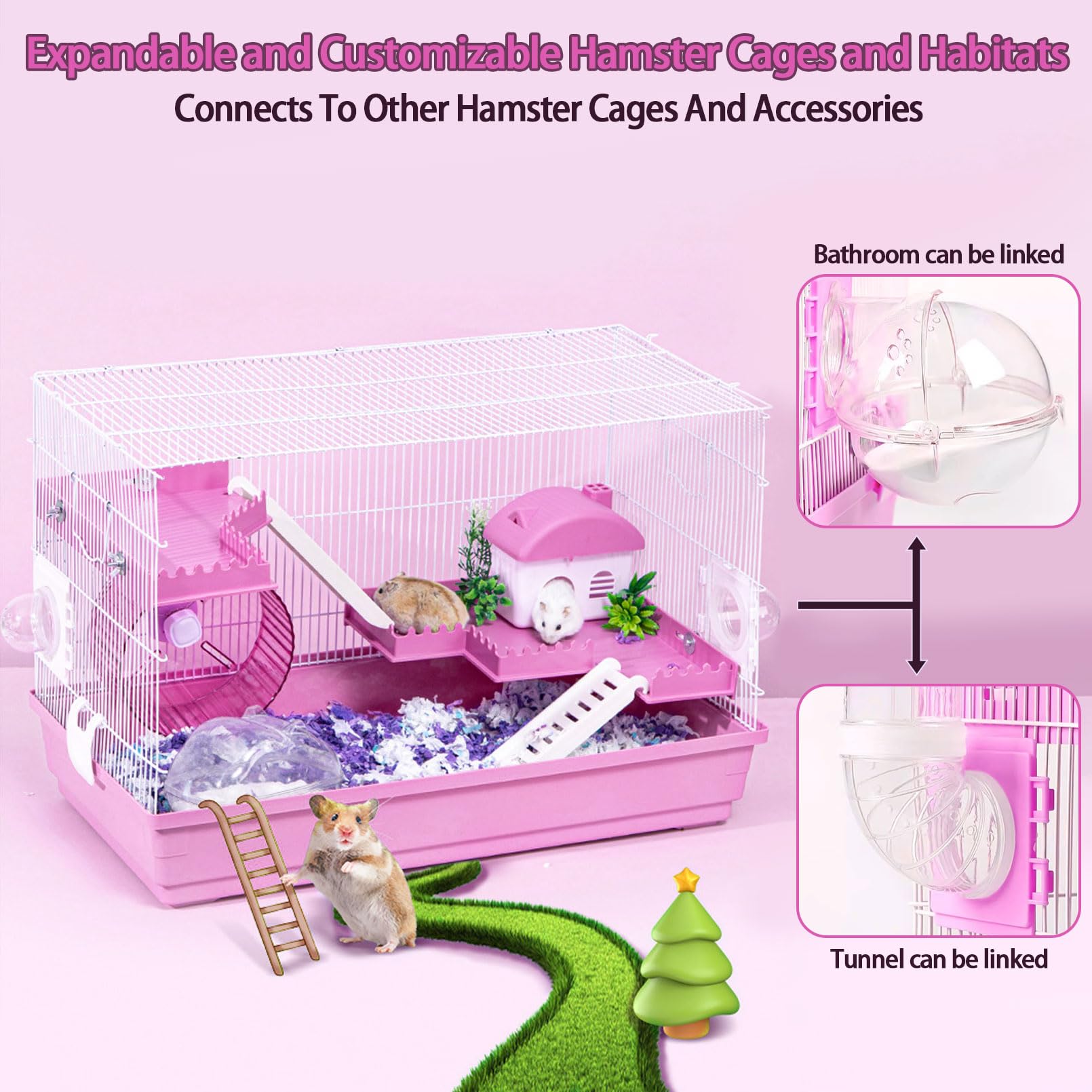 kathson Hamster Cages and Habitats Large Gerbil Cage with Accessories Hut Exercise Wheel Water Bottle Bowl Bathtub Small Animal Basic Cage for Syrian Hamster，3- Levels，22" L x 12.5" W x 14" H，Pink