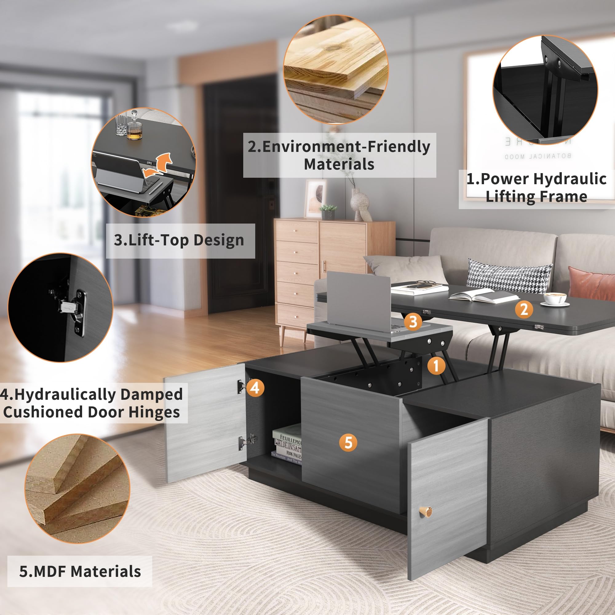 Lift Top Coffee Table with Storage Extendable Desktop, Perfect for Living Room