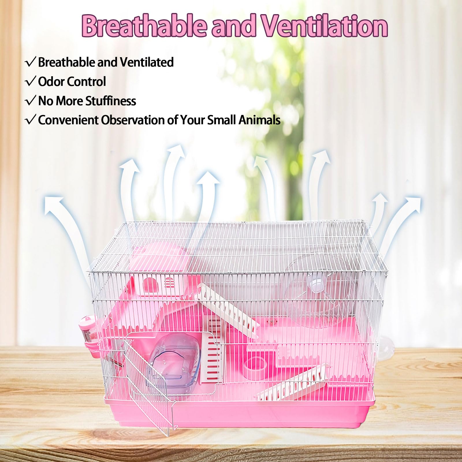 kathson Hamster Cages and Habitats Large Gerbil Cage with Accessories Hut Exercise Wheel Water Bottle Bowl Bathtub Small Animal Basic Cage for Syrian Hamster，3- Levels，22" L x 12.5" W x 14" H，Pink