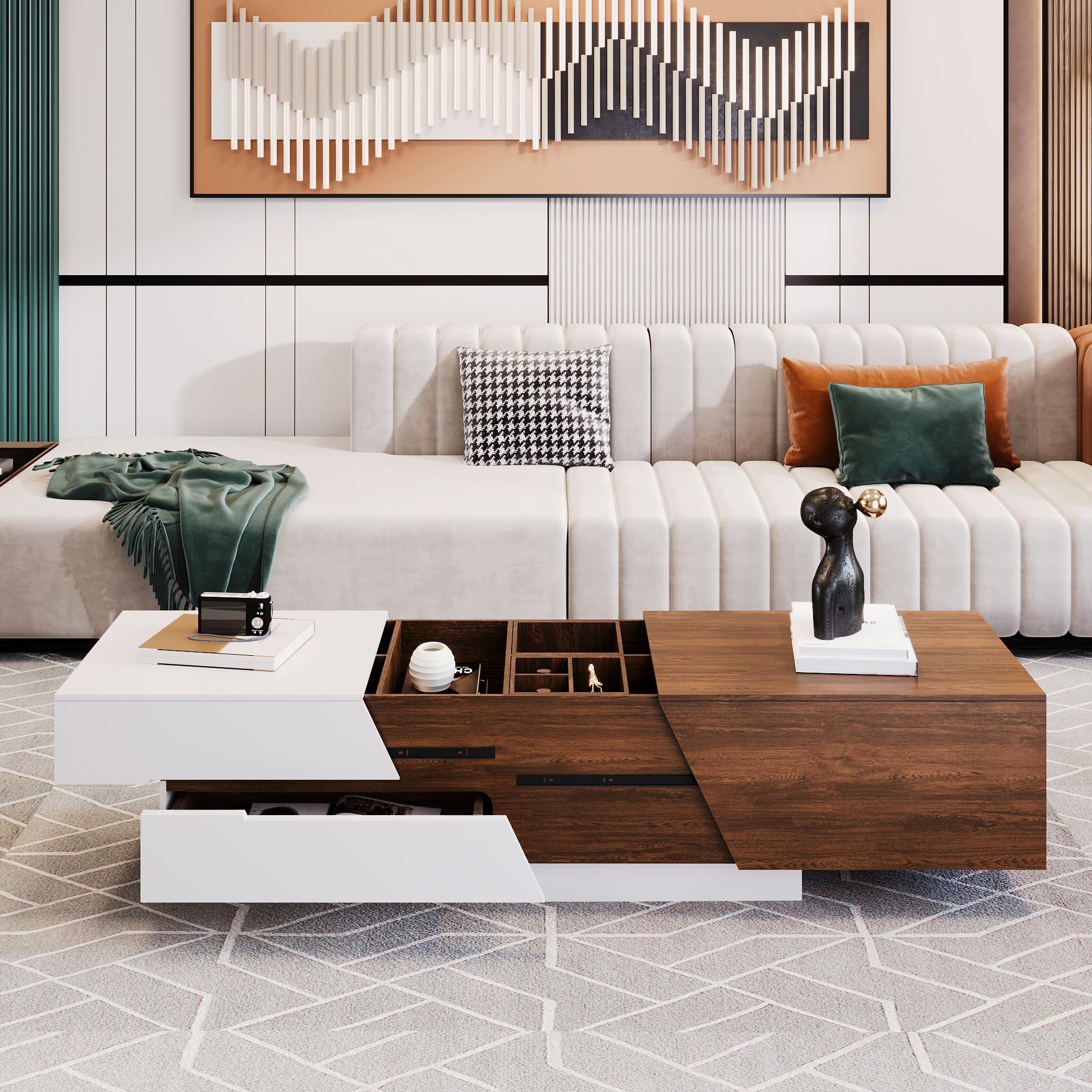 Merax Coffee Table Extendable Sliding Top for Living Room Modern with Drawers Hidden Compartment Accent Furniture Multifunctional Cocktail Reception Office Bedroom, 47.2"-72.8", White/Walnut