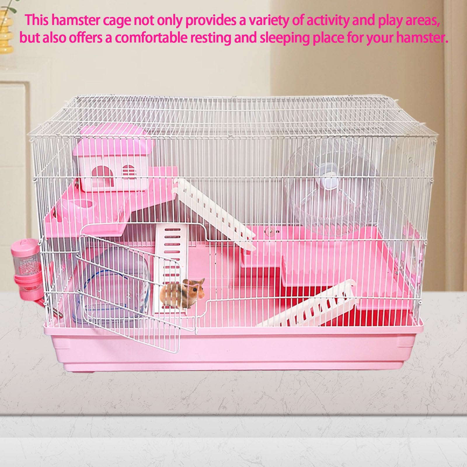 kathson Hamster Cages and Habitats Large Gerbil Cage with Accessories Hut Exercise Wheel Water Bottle Bowl Bathtub Small Animal Basic Cage for Syrian Hamster，3- Levels，22" L x 12.5" W x 14" H，Pink