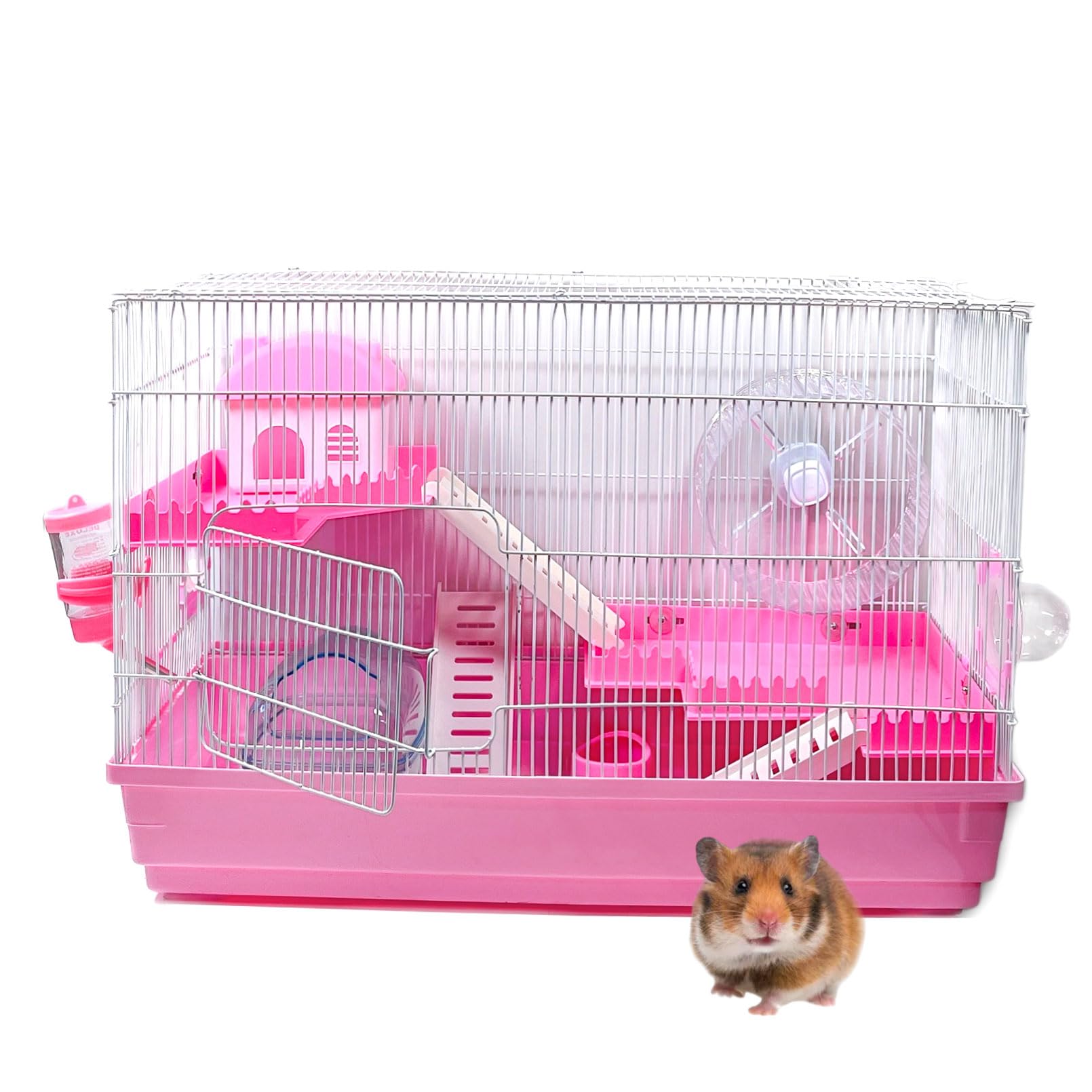 kathson Hamster Cages and Habitats Large Gerbil Cage with Accessories Hut Exercise Wheel Water Bottle Bowl Bathtub Small Animal Basic Cage for Syrian Hamster,3- Levels,22" L x 12.5" W x 14" H,Pink