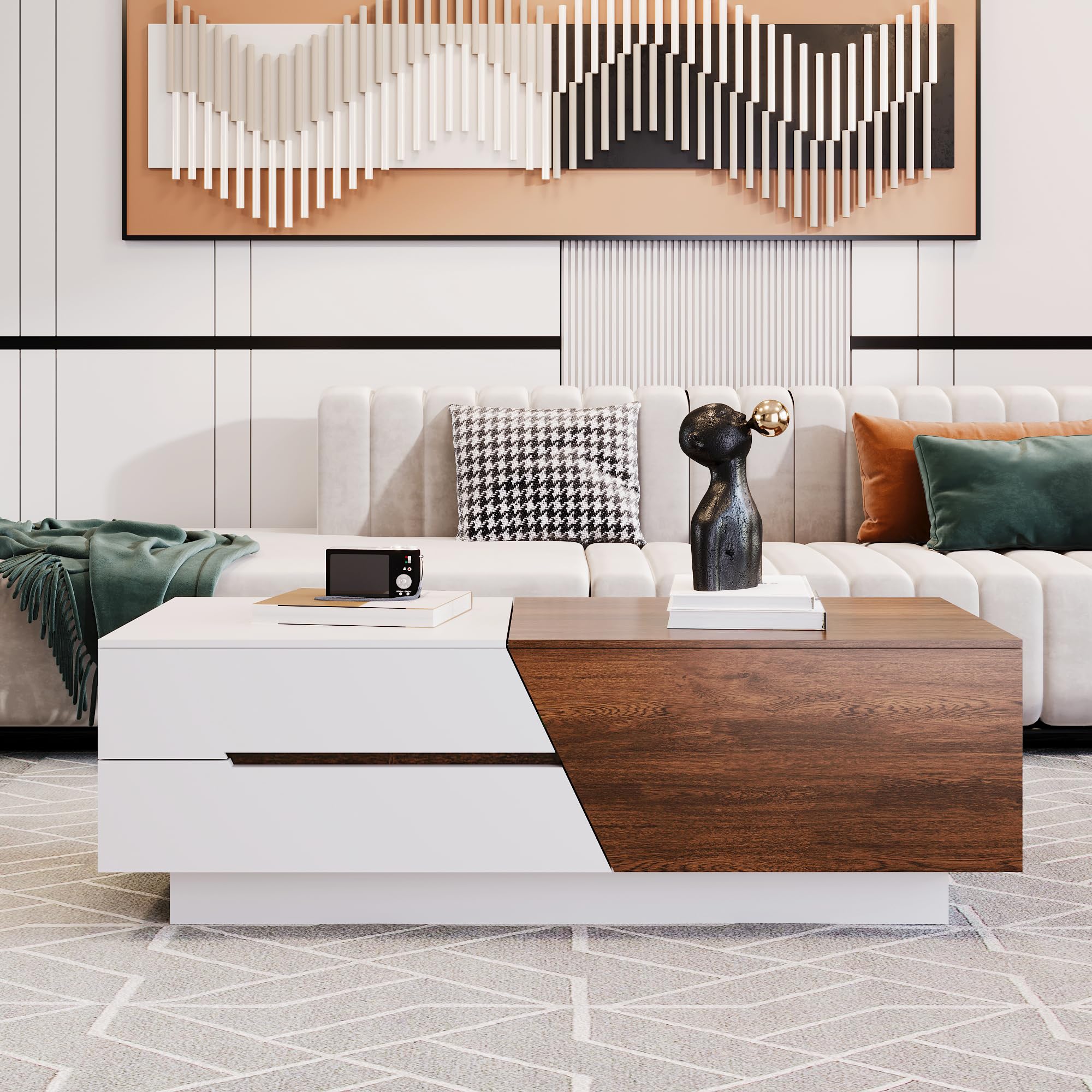 Merax Coffee Table Extendable Sliding Top for Living Room Modern with Drawers Hidden Compartment Accent Furniture Multifunctional Cocktail Reception Office Bedroom, 47.2"-72.8", White/Walnut