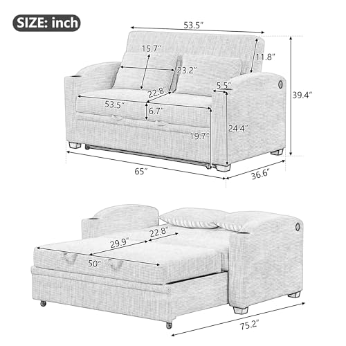 P PURLOVE Upholstered Modern Sofa Bed with Armrest, Convertible Sofa Couch with Adjustable Backrest, Sleeper Bed with 2 Pillows, USB Port, Chenille Pull Out Sofa Bed for Living Room (White Gray)