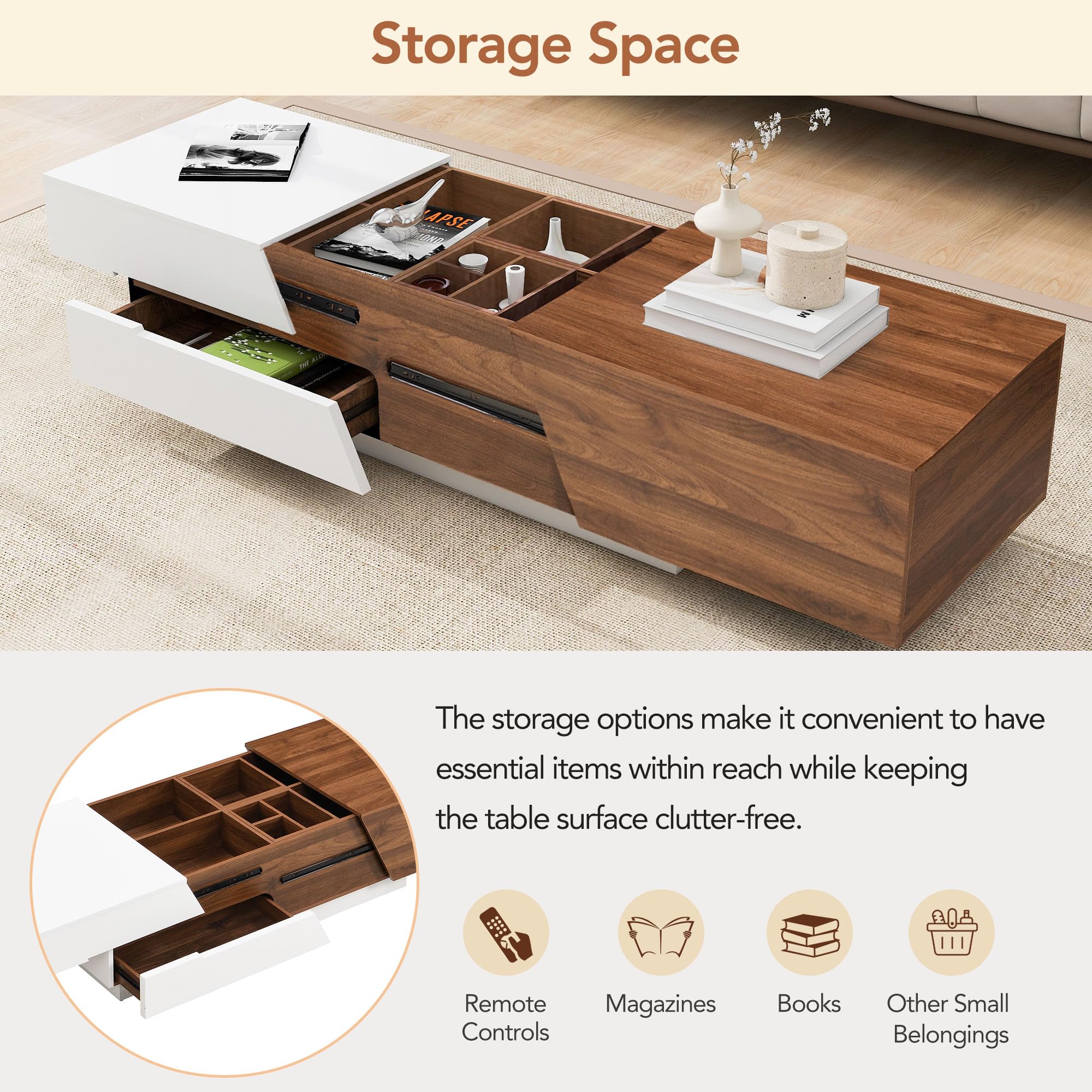 Merax Coffee Table Extendable Sliding Top for Living Room Modern with Drawers Hidden Compartment Accent Furniture Multifunctional Cocktail Reception Office Bedroom, 47.2"-72.8", White/Walnut
