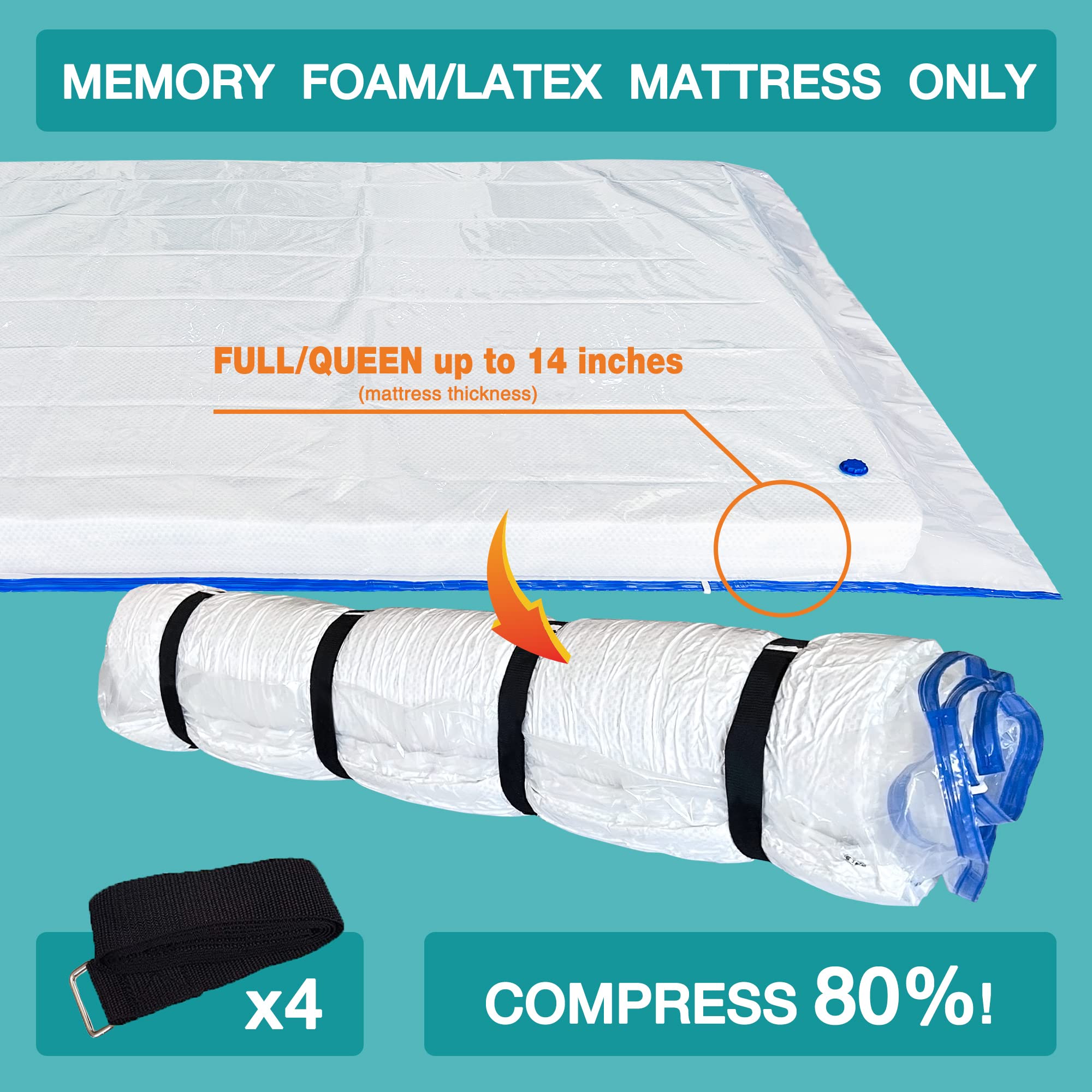 Queen/Full Mattress Vacuum Bag for Moving and Storage, Memory Foam Latex Mattress Storage Bags Full Queen Size for Mattress up to 14 Inches