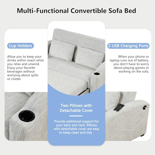 P PURLOVE Upholstered Modern Sofa Bed with Armrest, Convertible Sofa Couch with Adjustable Backrest, Sleeper Bed with 2 Pillows, USB Port, Chenille Pull Out Sofa Bed for Living Room (White Gray)