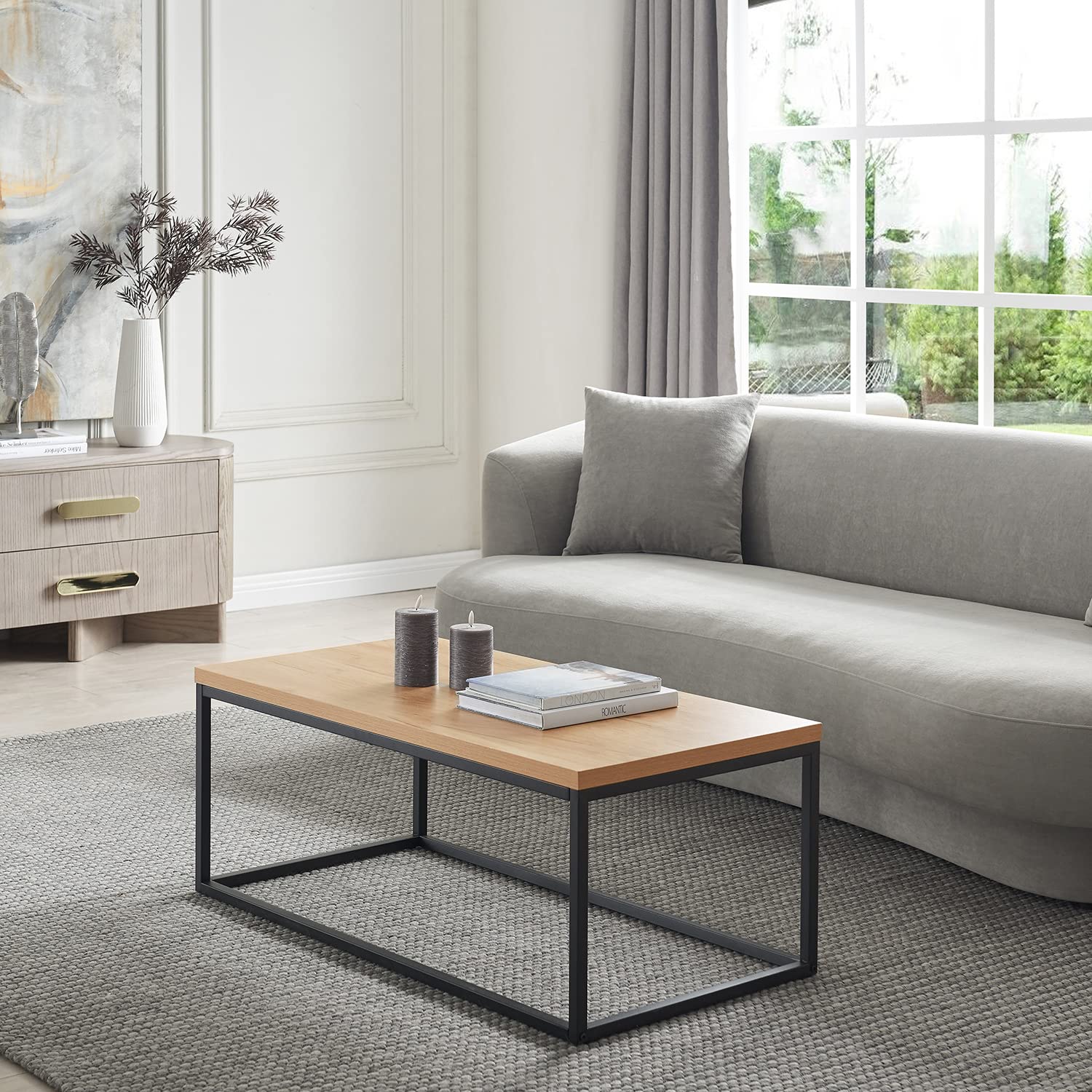 CENSI 40-Inch Natural Oak Coffee Table for Living Room, Rectangle, Mid-Century Modern, Extra Thick Top, Wood and Metal (Natural Oak)