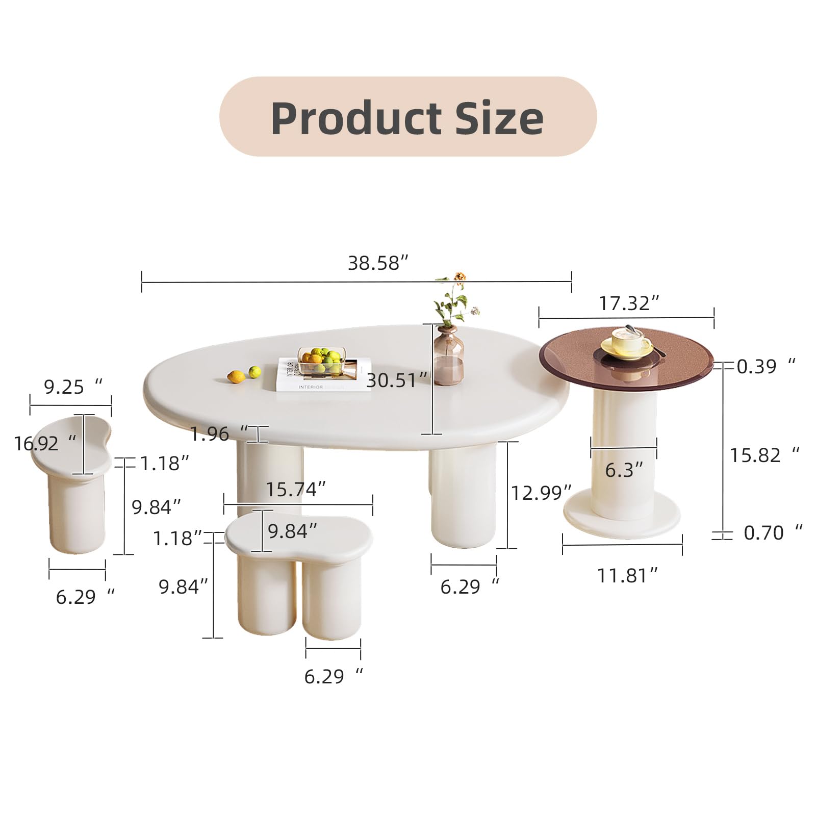Guyii Nesting Coffee Table Set with 2 Stools, Combination Center Table with Irregular Coffee Table and Round Glass End Table, Modern Side Table for Living Room, Small Spaces, Easy to Assemble