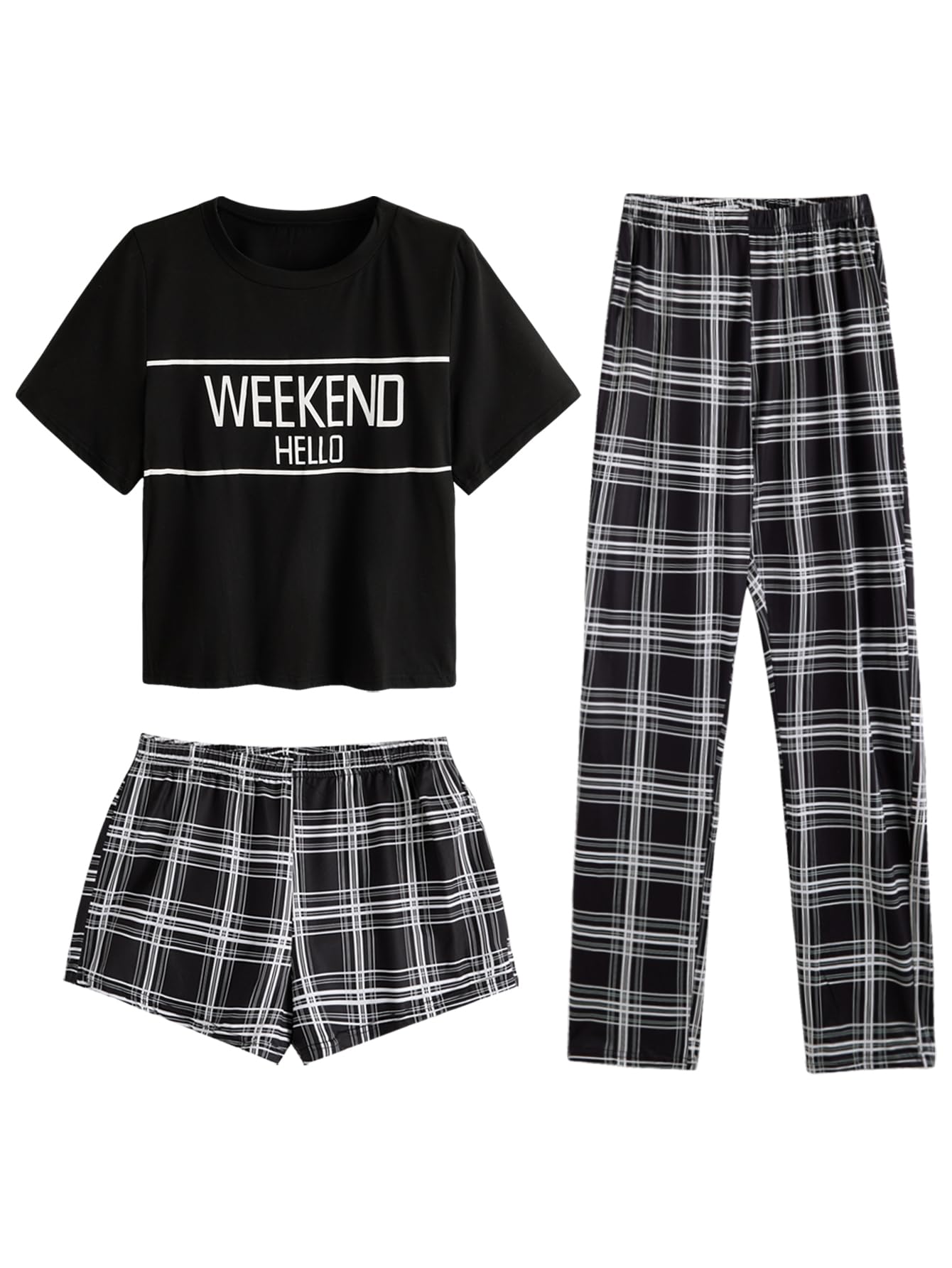 Verdusa Women's 3 Piece Plaid Print Pajama Sets Tee Top and Shorts Pants Pj Set Black L