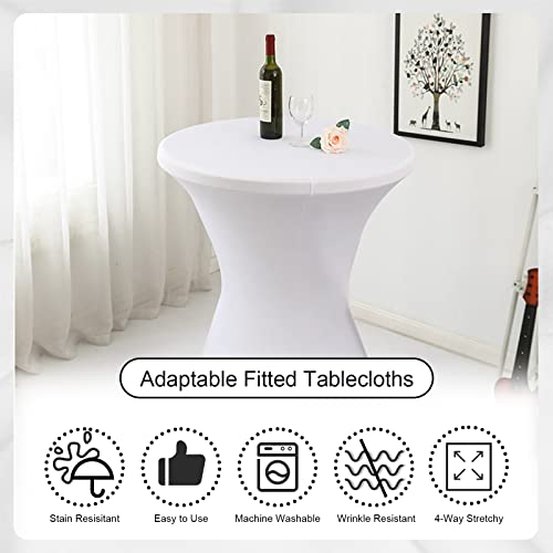 Dololoo 2 Pack Cocktail White Spandex Stretchable Tablecloths,Round Highboy Stretch Table Covers,Elastic Square Corners Table Clothes for Wedding,Party,Birthday,30"-32" Diameter x 40"-43" Height