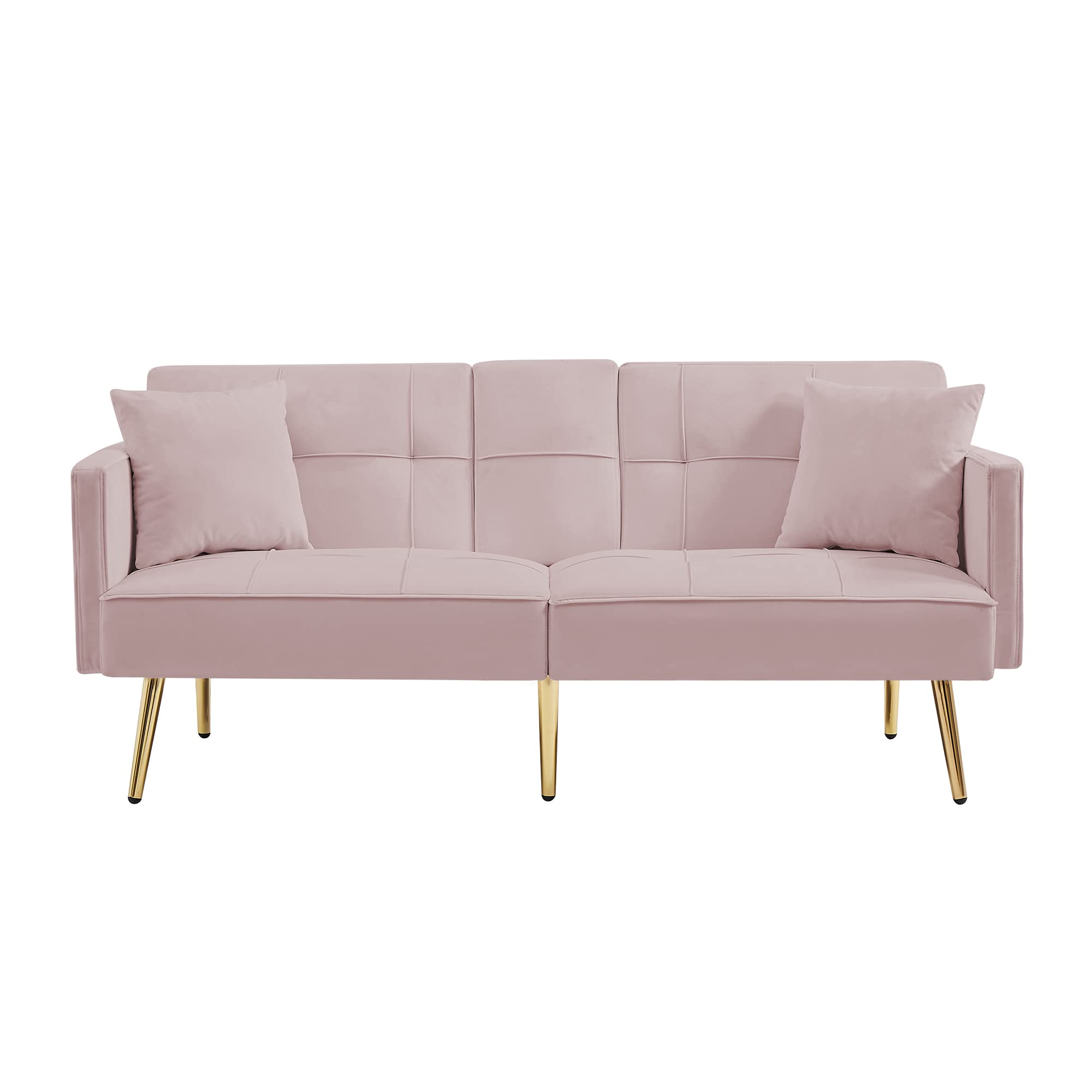 P PURLOVE Convertible Futon Sofa Bed for Living Room, Velvet Sofa Bed with Storage Pocket and 2 Pillows, Sleeper Sofa Couch with Adjustable Back for Office, Bedroom, Pink