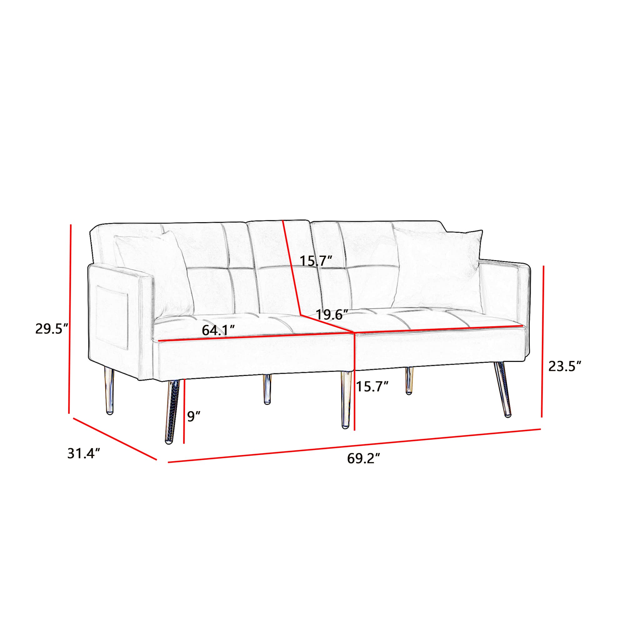 P PURLOVE Convertible Futon Sofa Bed for Living Room, Velvet Sofa Bed with Storage Pocket and 2 Pillows, Sleeper Sofa Couch with Adjustable Back for Office, Bedroom, Pink
