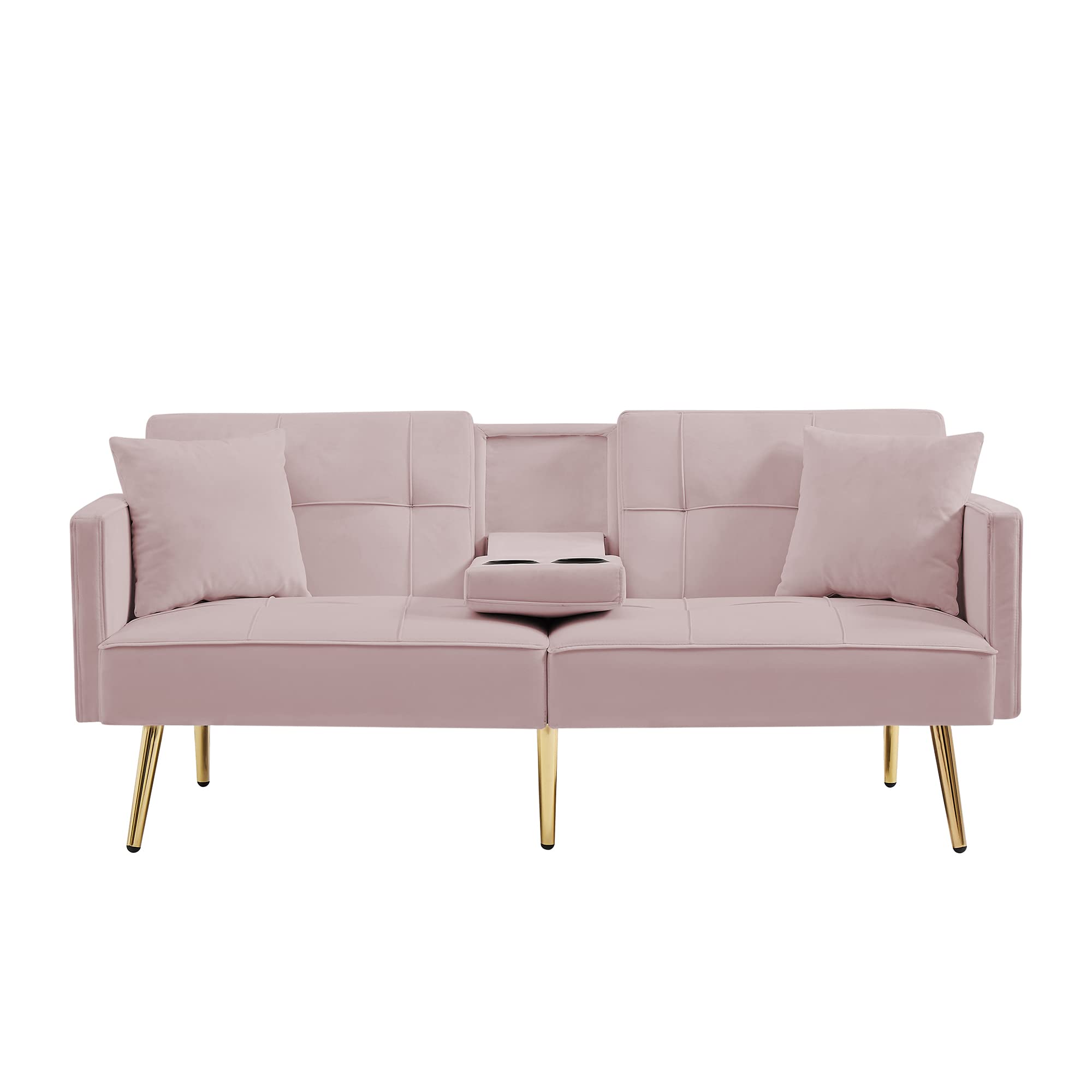 P PURLOVE Convertible Futon Sofa Bed for Living Room, Velvet Sofa Bed with Storage Pocket and 2 Pillows, Sleeper Sofa Couch with Adjustable Back for Office, Bedroom, Pink