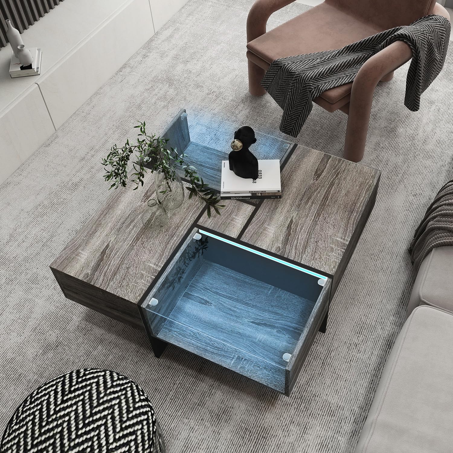 Furnnylane LED Coffee Table with 2 Drawers,Square Coffee Table with Storages for Living Room,Grey,35.4" D x 35.4" W x 15.7" H