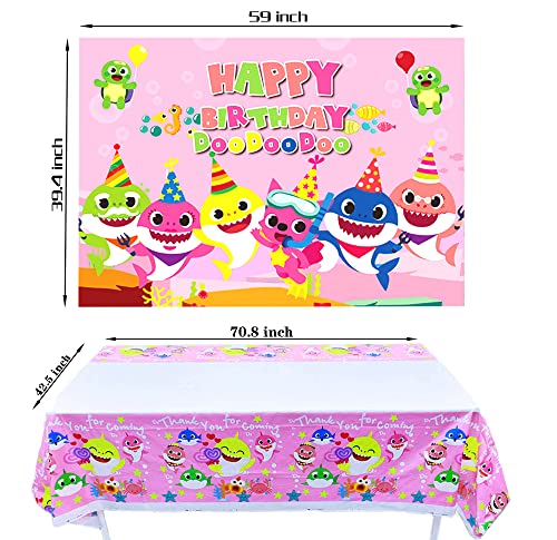 Pink Shark Baby Backdrop and Tablecloth,5x3ft Polyester Shark Photography Background Undersea World Shark Table Cover 70.8x42.5 Inch for Girls Birthday Decorations