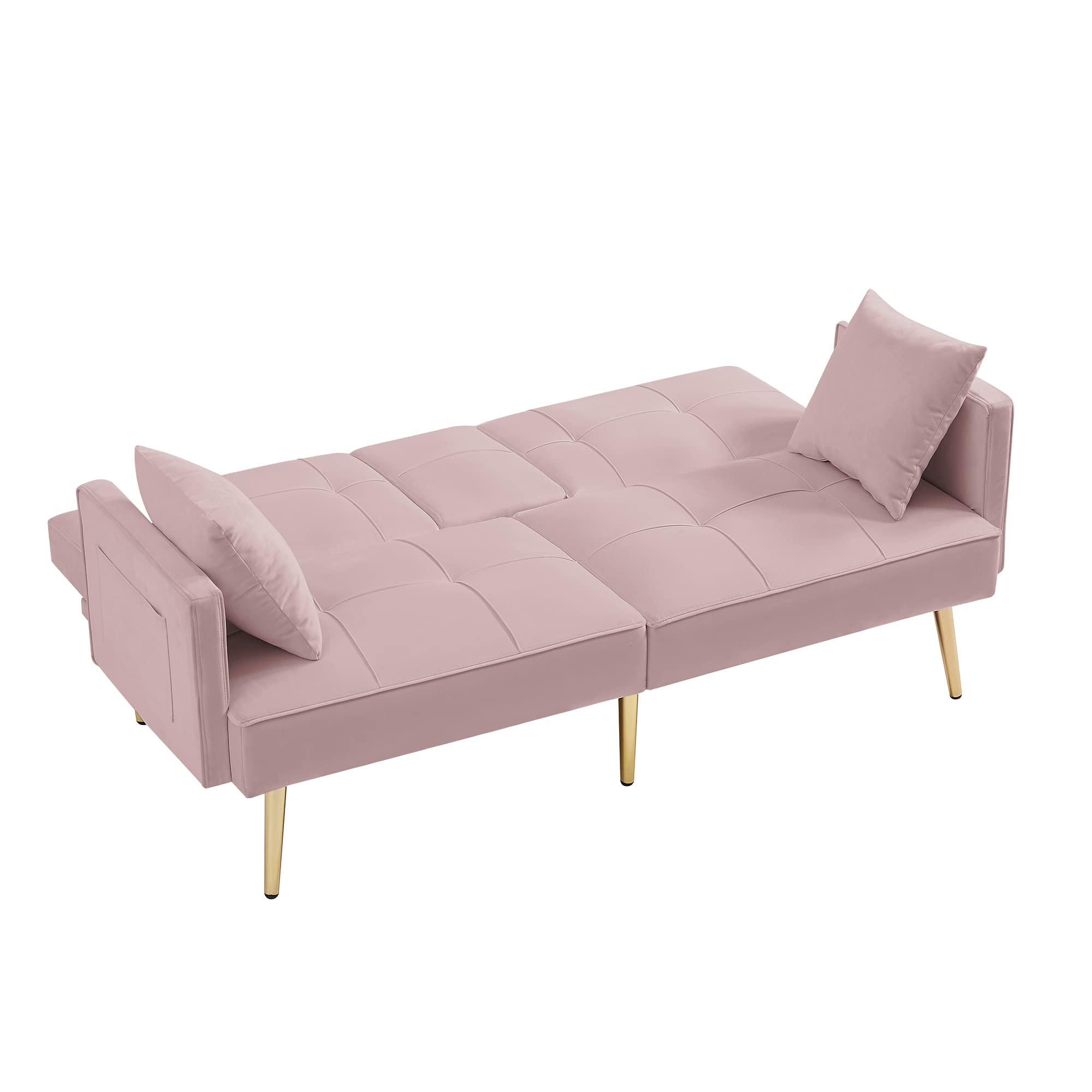 P PURLOVE Convertible Futon Sofa Bed for Living Room, Velvet Sofa Bed with Storage Pocket and 2 Pillows, Sleeper Sofa Couch with Adjustable Back for Office, Bedroom, Pink