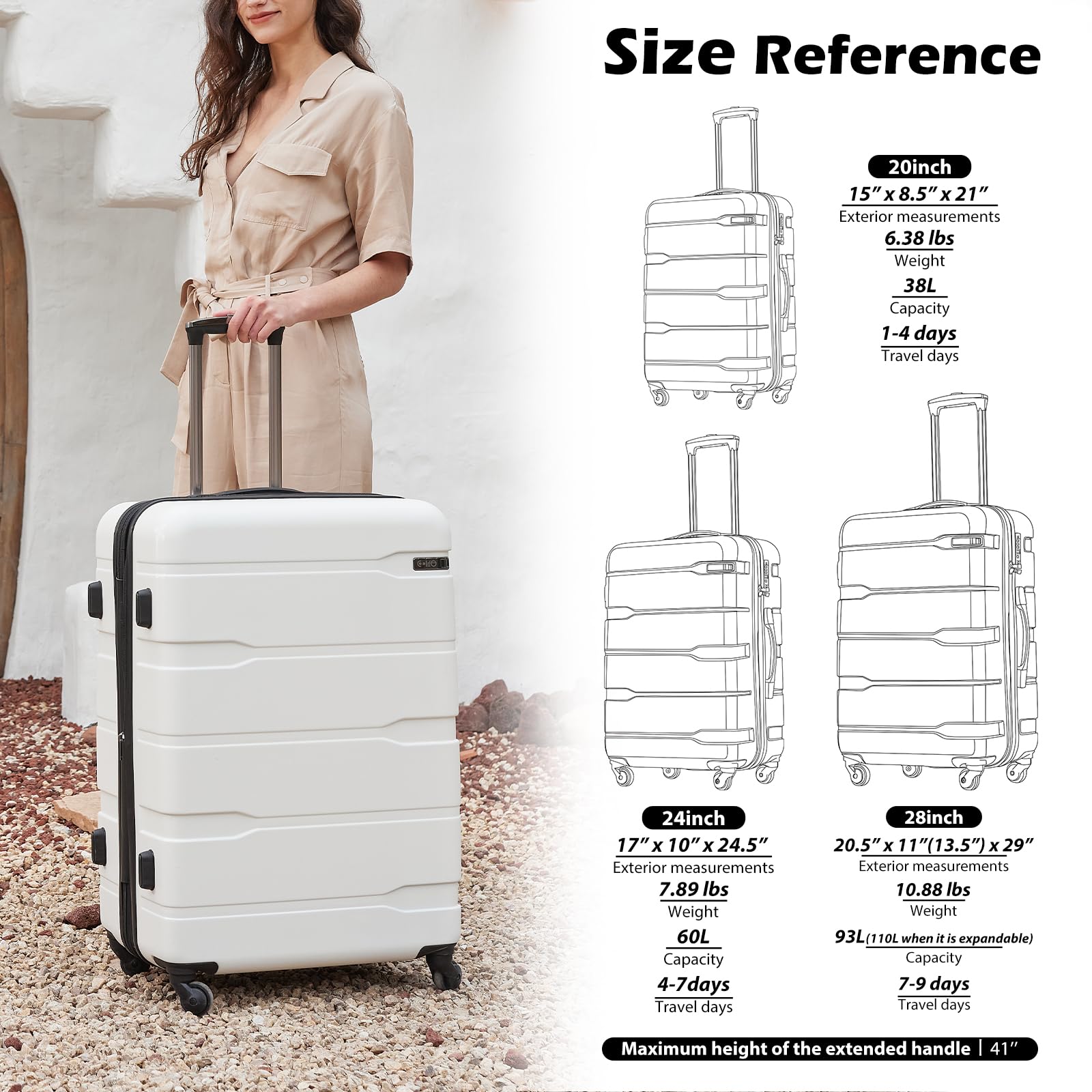 Coolife Luggage Expandable 3 Piece Sets PC+ABS Spinner Suitcase 20 inch 24 inch 28 inch (white, 3 piece set)