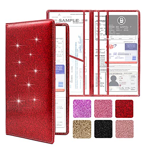 Teoenix Car Registration and Insurance Holder - Automotive Consoles & Organizers Vehicle Glove Box Wallet Accessories Case - Motorcycle, Truck, Trailer ID Holder & Document Storage - Bling Red