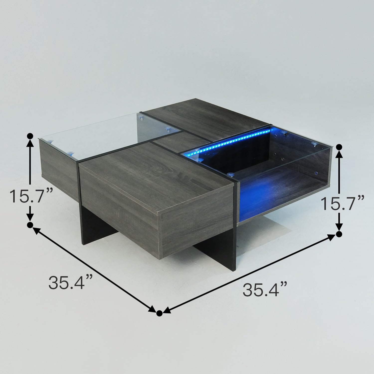 Furnnylane LED Coffee Table with 2 Drawers,Square Coffee Table with Storages for Living Room,Grey,35.4" D x 35.4" W x 15.7" H