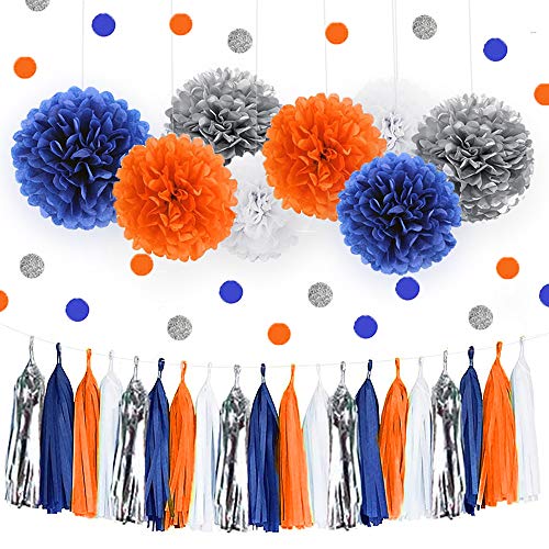 IGUO Graduation Party Supplies Navy Blue Orange White American Birthday Bachelorette Baby Shower Wedding Party Decoration Tissue Pom Pom, Orange Silver Paper Tassel for Festivals School Party Idea