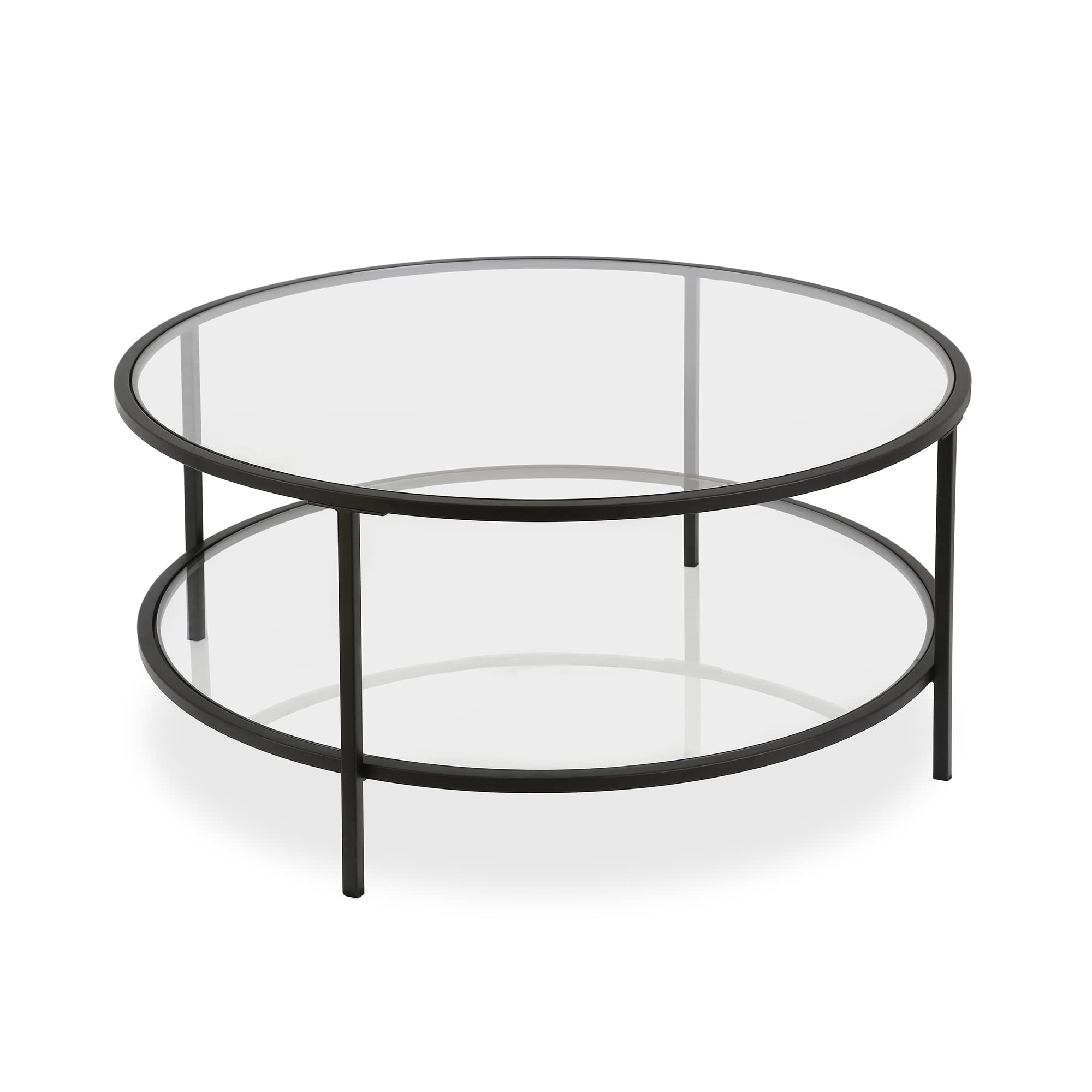 Henn&Hart 36" Wide Round Coffee Table with Glass Top in Blackened Bronze, Modern coffee tables for living room, studio apartment essentials