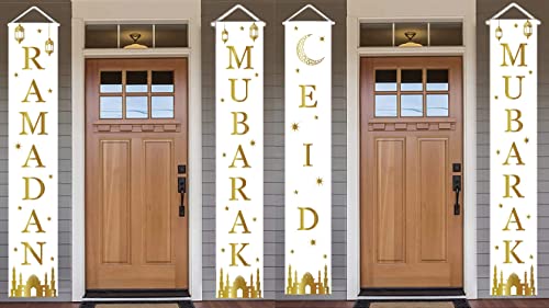 2 in 1 Ramadan Eid Mubarak Door Banner for Home,Mosque,Iftar,Eid Al Adha,Eid Al Fitr, Ramadan and Eid Decoration, Includes 1 Crescent and Star Banner (White)