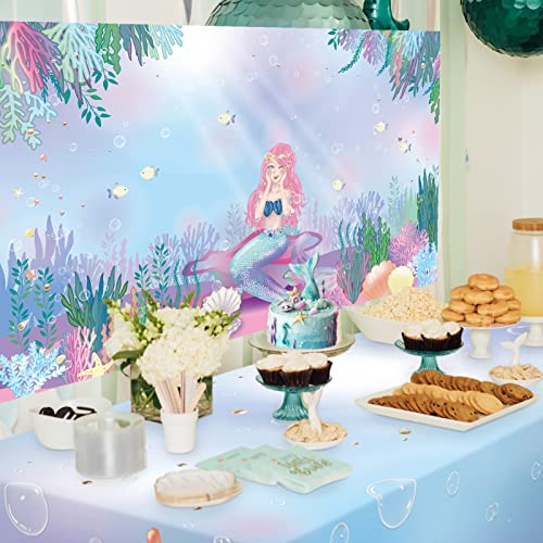 9x5ft Fabric Under The Sea Tablecloth Little Mermaid Table Cover for Under Sea Birthday Party Decoration Bubble Ocean Beach Pool Wedding Reception Table Cloths Dessert Tablecloths Kids Party Supplies