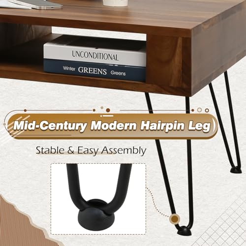 Danrelax 39.4 Inches Coffee Table, Mid Century Modern Coffee Table with Storage Space, Natural Wood Coffee Table with 4 Hairpin Legs, 39.4" Lx24 Wx18 H, Vintage Brown