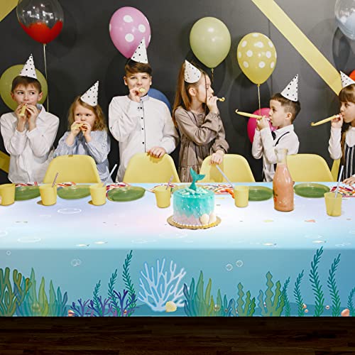 9x5ft Fabric Under The Sea Tablecloth Little Mermaid Table Cover for Under Sea Birthday Party Decoration Bubble Ocean Beach Pool Wedding Reception Table Cloths Dessert Tablecloths Kids Party Supplies