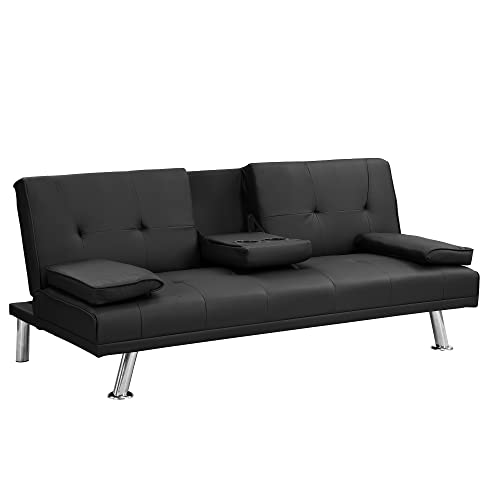 Penifun Convertible Folding Futon Sofa Bed Sleeper Couch for Living Room PU Leather Upholstered Loveseat with Armrest & Two Cup Holders, Solid Wood Frame/Stainless Leg, Black