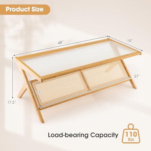 GOFLAME Bamboo Coffee Table, 2-Tier Rectangular Coffee Table with Glass Tabletop, Modern Center Table with Handwoven Rattan Storage Shelf, 48” Tea Table Cocktail Table for Living Room, Office, Natural